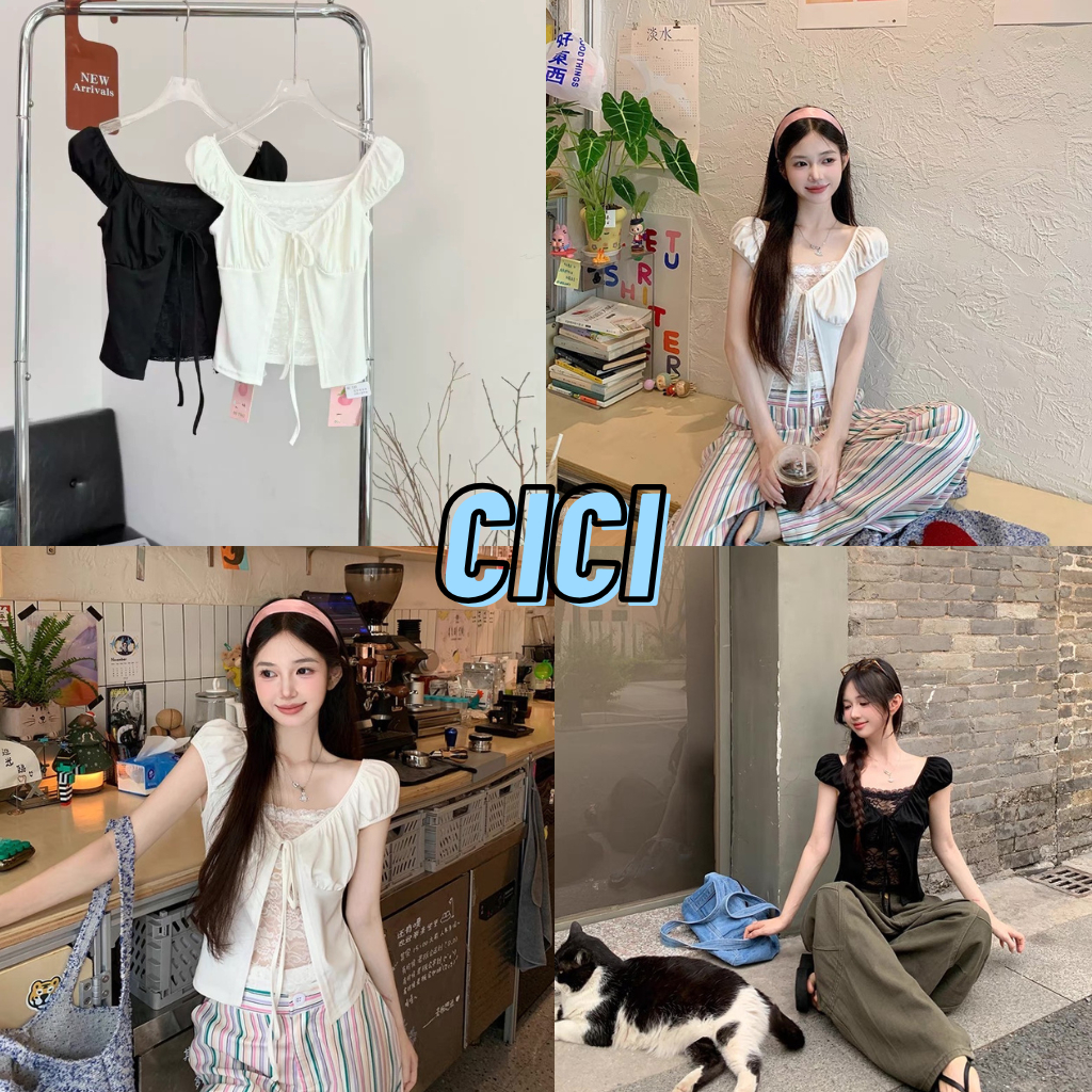 ส่งทันที Cici(NO. J2106) เสื้อแขนตุ๊กตา ดีเทลมีลูกไม้ด้านใน ผ้าเรอยน ผูกโบว์ด้านหน้า สไตล์สาวตัว ...