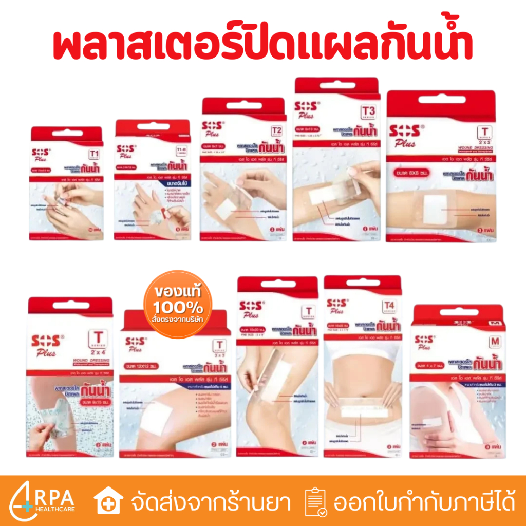 [ส่งด่วน,แท้] พลาสเตอร์ใสกันน้ำ SOS Plus T1 T2 T3 T4 2X2 2X4 S มินิ PU ...