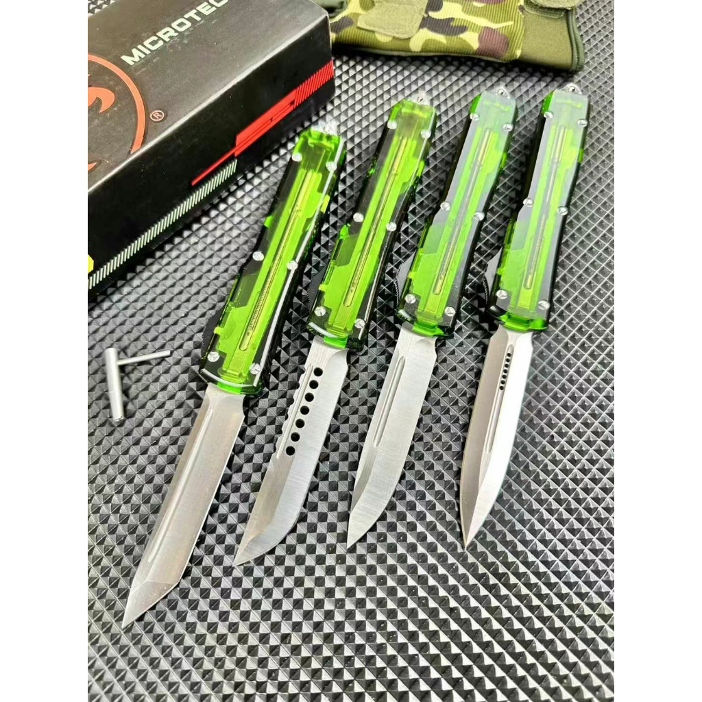 2025Microtechnology UT85 Jump Knife ด้ามจับสีเขียวโปร่งแสง วัสดุของใบ ...