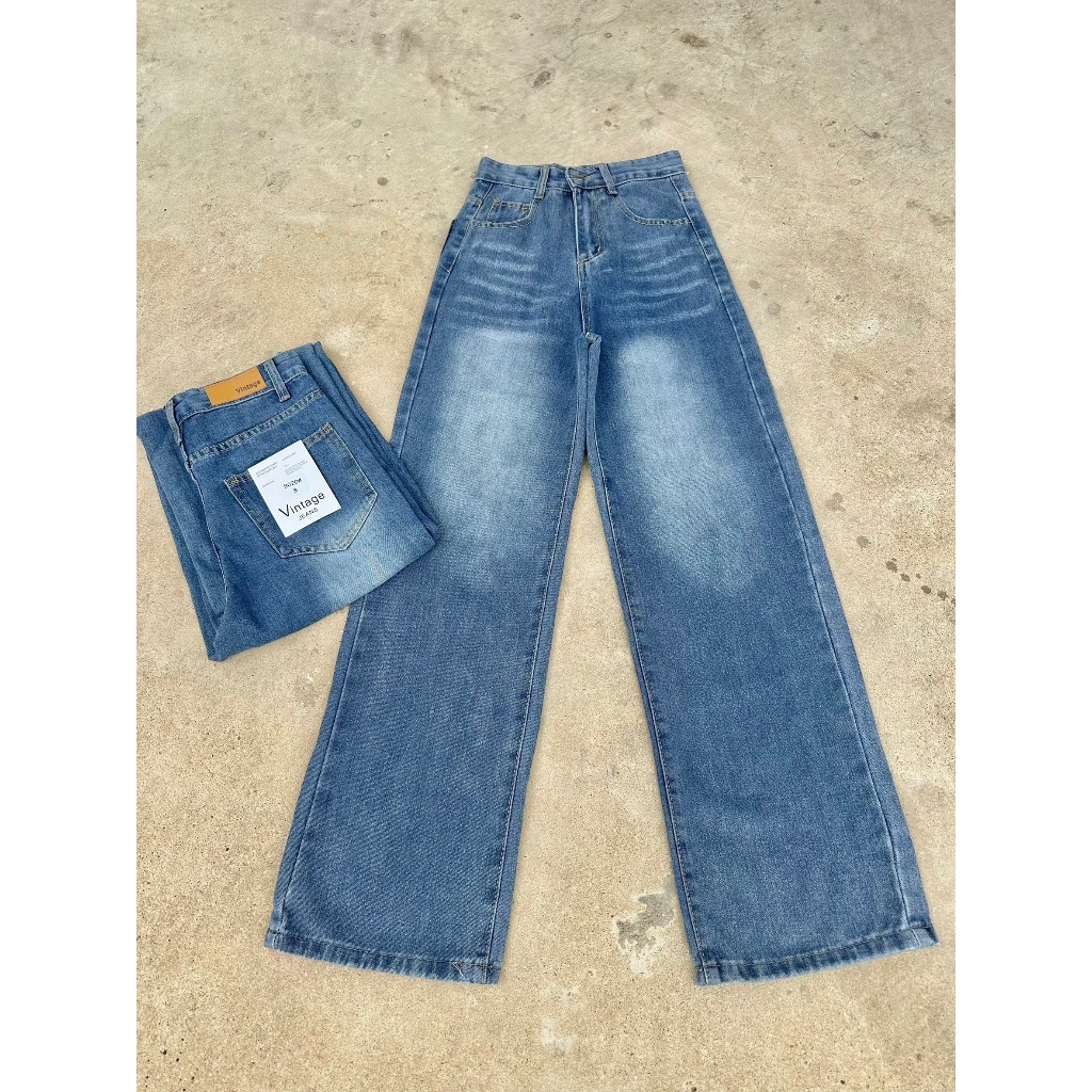 กางเกงยีนส์กระบอกเอวสูงผ้าไม่ยืด สีฟ้าฟอก P182 (8020) | Shopee Thailand