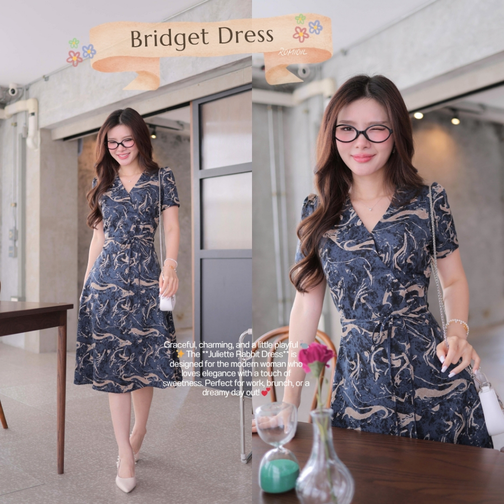 Romi"Oil" Bridget Dress G270 ชุดเดรสสีกรม (คอป้ายมีเชือกผูกเอว)(ไม่มีป้ายแบรนด์ Romi"Oil ...