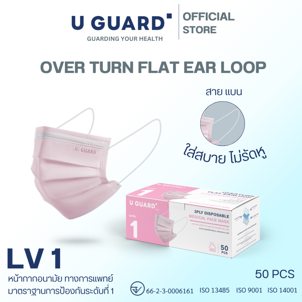 (Official Store) U Guard Mask หน้ากากอนามัยผู้ใหญ่ Lv.1 สีชมพู แบบกล่อง ...