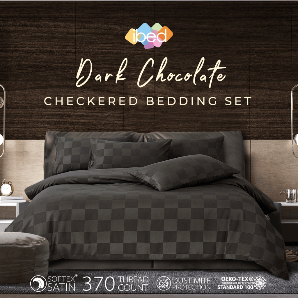 ibed ชุดผ้าปูที่นอนทอลายครบเซ็ท Softex Satin (ทอลายตาราง)Dark Chocolate ...