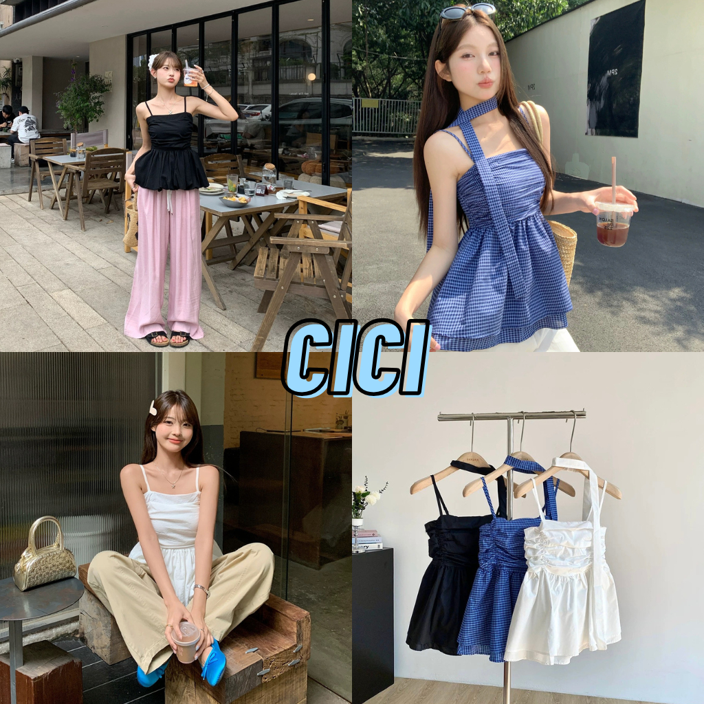 ส่งทันที Cici(NO. Y6312) เสื้อสายเดี่ยว สายปรับได้ สม็อคหลัง แต่งย่นข้าง แต่งระบายด้านล่าง สไตล์ ...