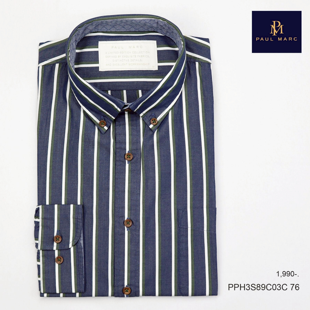 PAUL MARC เสื้อเชิ้ตแขนยาวลายริ้ว สีกรมท่า ปก button down ผ้านุ่มใส่ ...