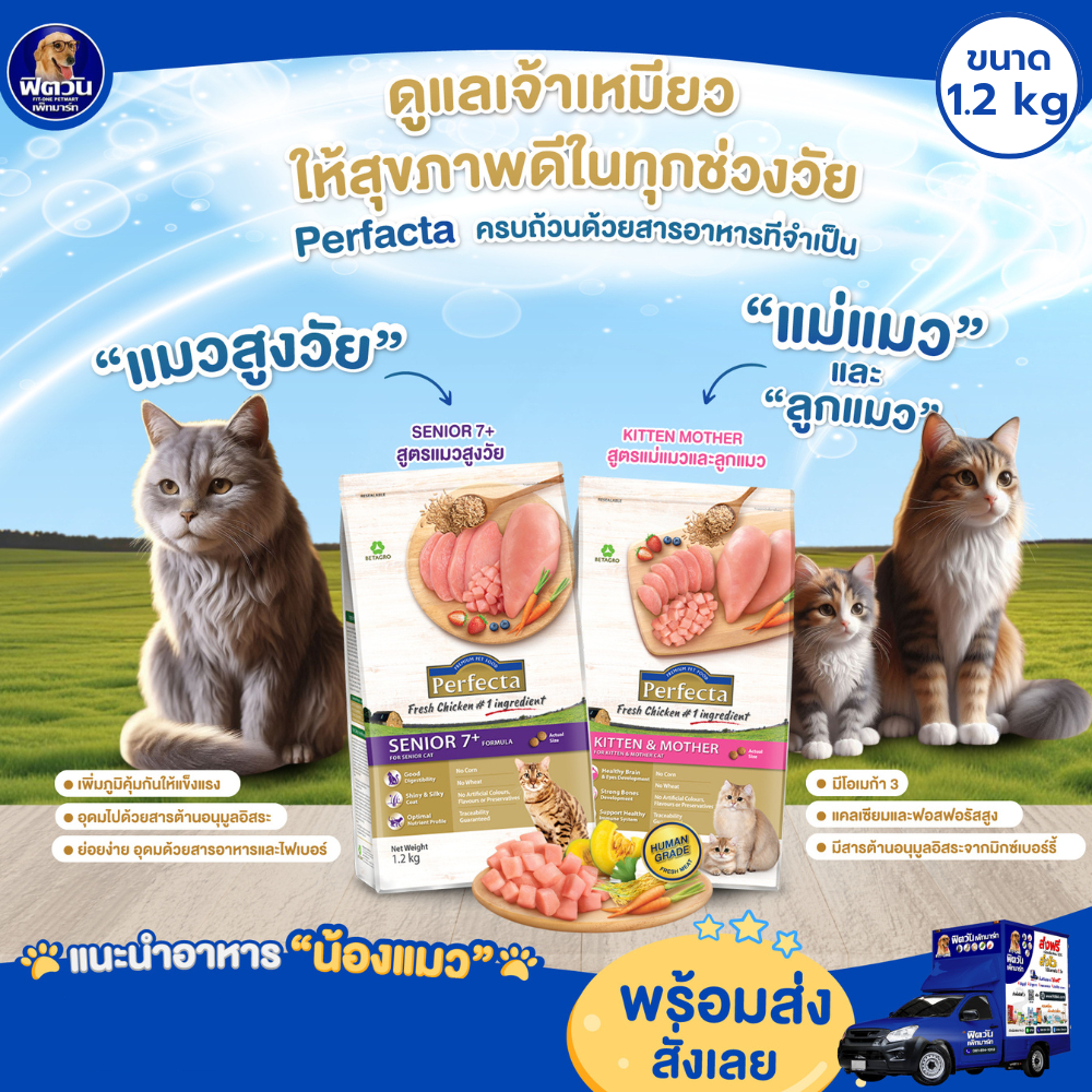 Perfecta Cat อาหารเม็ดแมว สูตรแม่ลูกแมวและสูตรสูงวัย 7+ ขนาด 1.2 ...