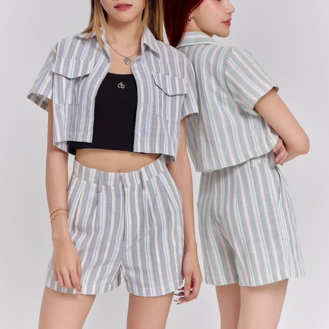 Sistersfabric - Lisa Shorts กางเกงขาสั้นลายทาง ผ้าลินิน ตะขอหน้า ...