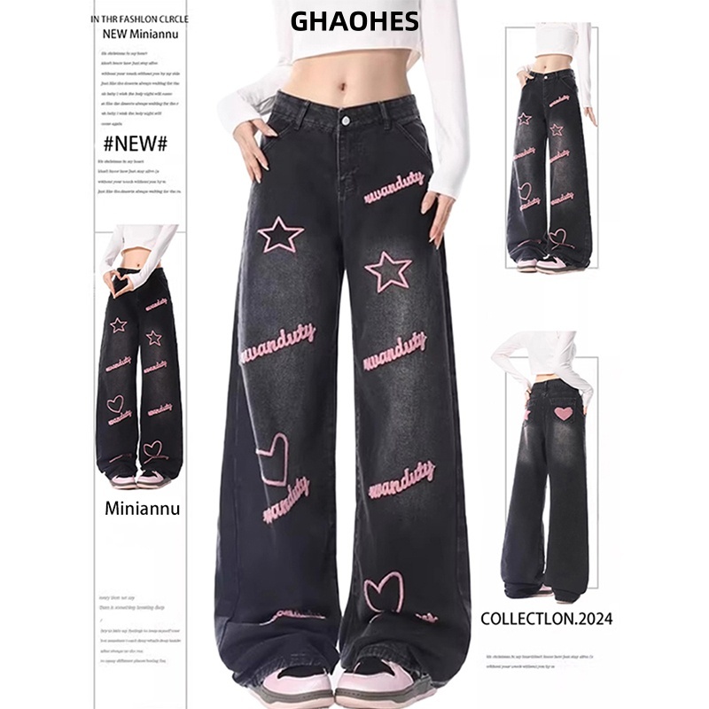 GHAOHES 5XLกางเกงยีนส์สไตล์สตรีทอเมริกัน กางเกงขายาวเอวสูงสีดำขาบาน แบบลาก Y2K (AV94) | Shopee ...