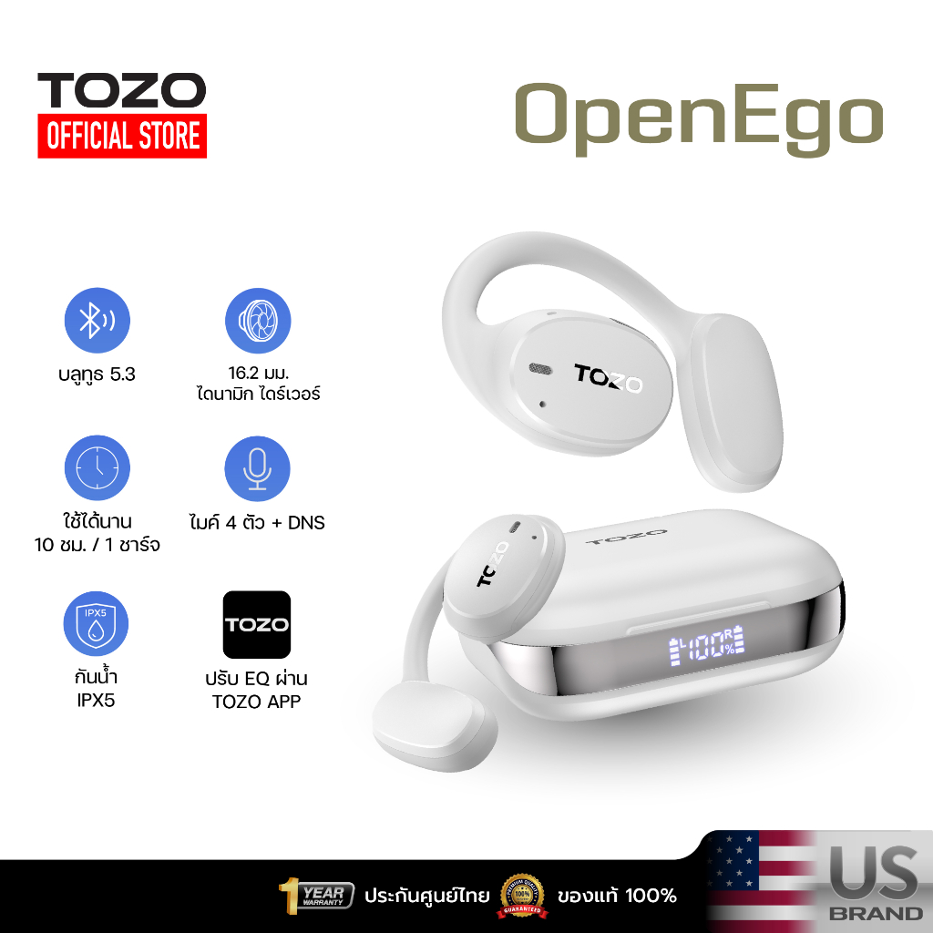 [ประกันศูนย์ไทย] TOZO OpenEgo หูฟังบลูทูธไร้สาย หูฟังออกกำลังกาย Open-ear Design LED Display ...