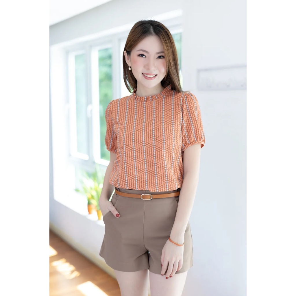 Narinari : MT2710 Ruff Collar Cloe Striped Blouse – Orange | Shopee ...