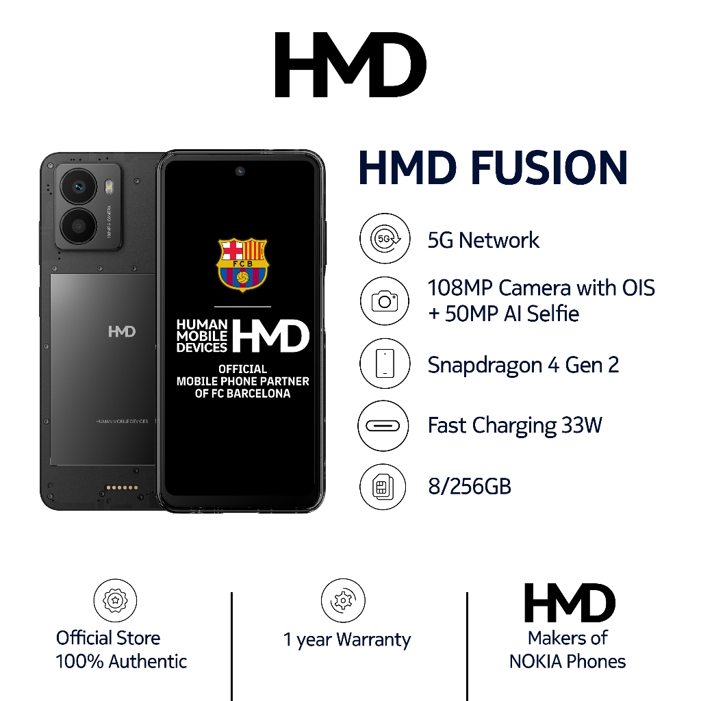 HMD HMD FUSION 5G (8/256) จอขนาด 6.56" แบตเตอรี่ 5000 mAh กล้องหน้า 50 MP | Shopee Thailand