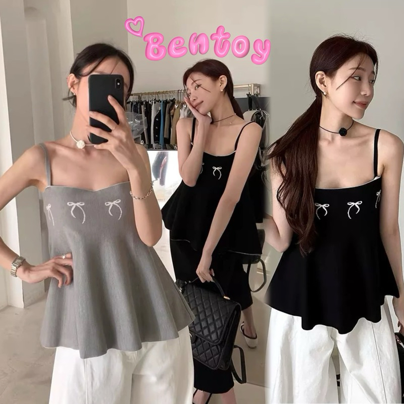 Bentoy(Y9909)เสื้อสายเดี่ยวไหมพรม ลายโบว์หน้าอก ปลายระบาย น่ารักมาก | Shopee Thailand