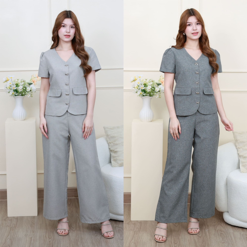 GluCoat ชุดเซต 2 ชิ้นสีเทาเข้มและสีเทาอ่อน กระดุมโบว์ แต่งกระเป๋า K546/K550 | Shopee Thailand