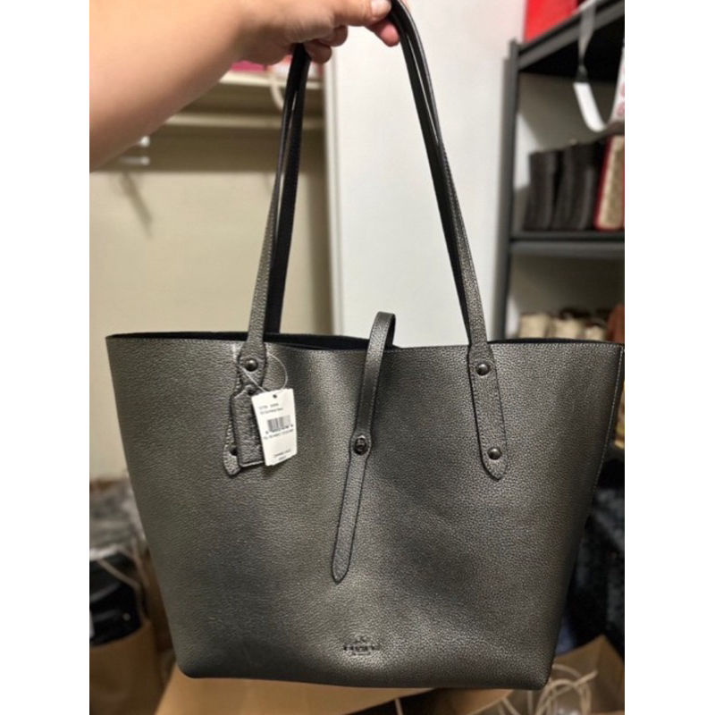 COACH Dark Gunmetal Black Pebbled Leather Market Tote Shoulder Bag ...