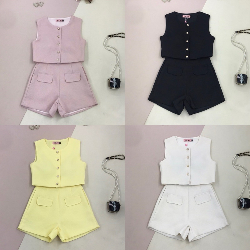 [ELSA] Y083 ชุดเซตเสื้อคอกลมแขนกุดกระดุมหน้ากางเกงขาสั้นแต่งกระเป๋า ...