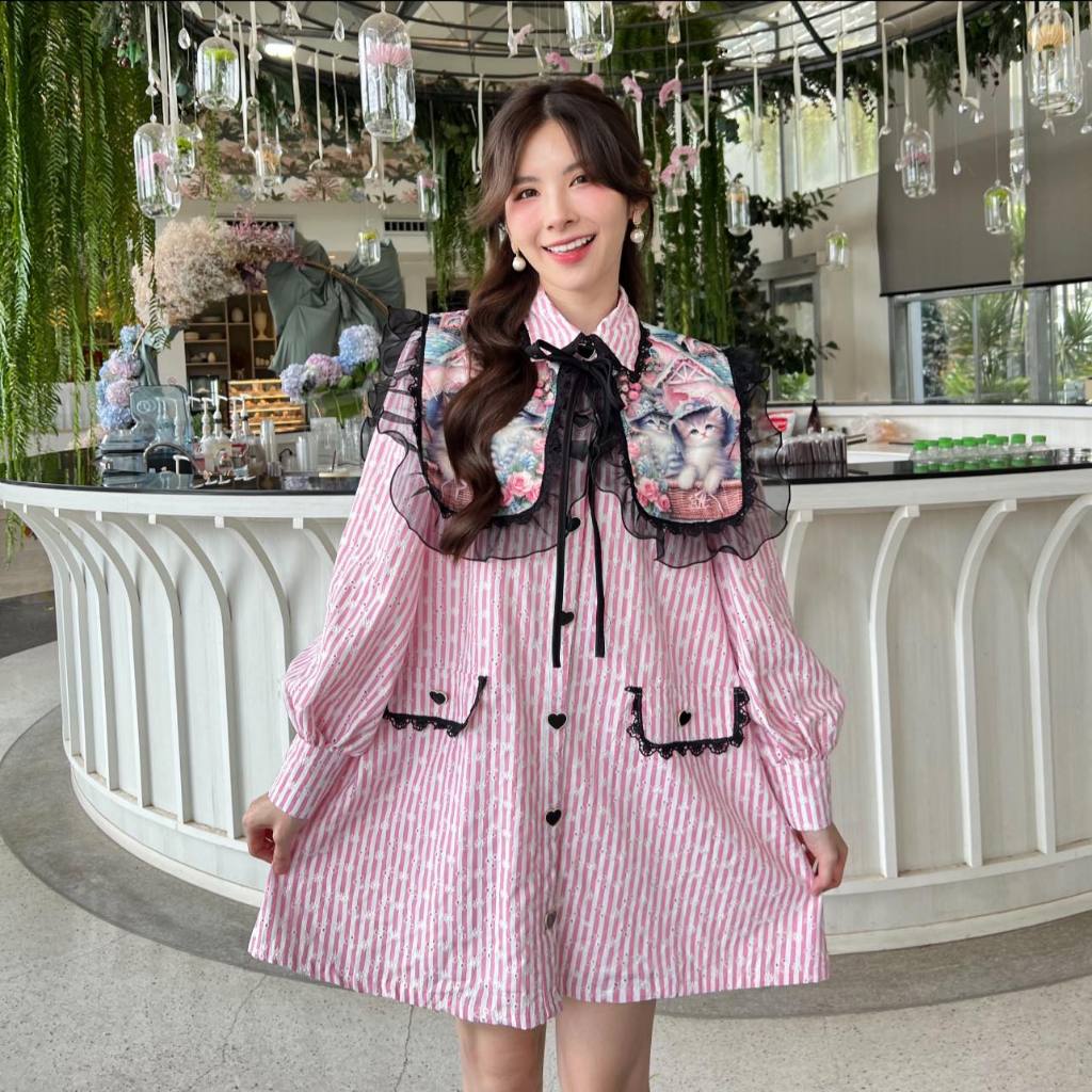 SP999 BLT SPECIAL COLLECTION มินิเดรสทรงปล่อยกระดุมหน้าลายทางริ้วชมพูปก ...