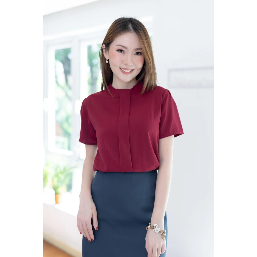 Narinari : MT5239 Sophie Band Collar Placket Blouse | Shopee Thailand