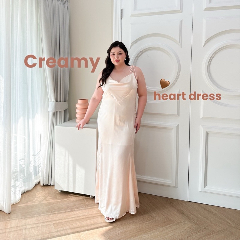 (TGEVQVL ลด 60.-) Lady M | Creamy heart dress plussize เดรสซาตินสีครีมสุดหรูหรา ไฮโซติดแกลม ใส่ ...