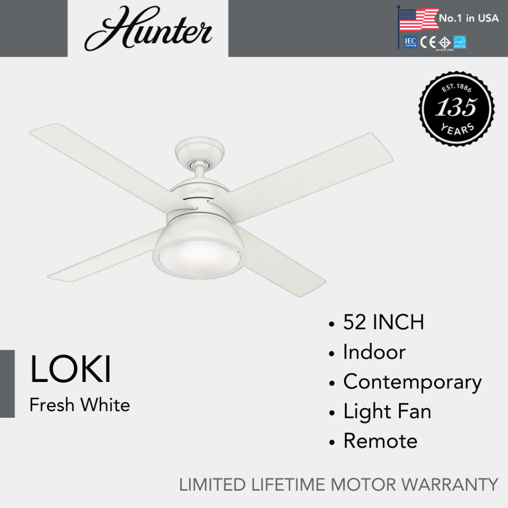 Hunter Fan พัดลมเพดาน รุ่น Loki - Fresh White 52" Indoor Contemporary ...