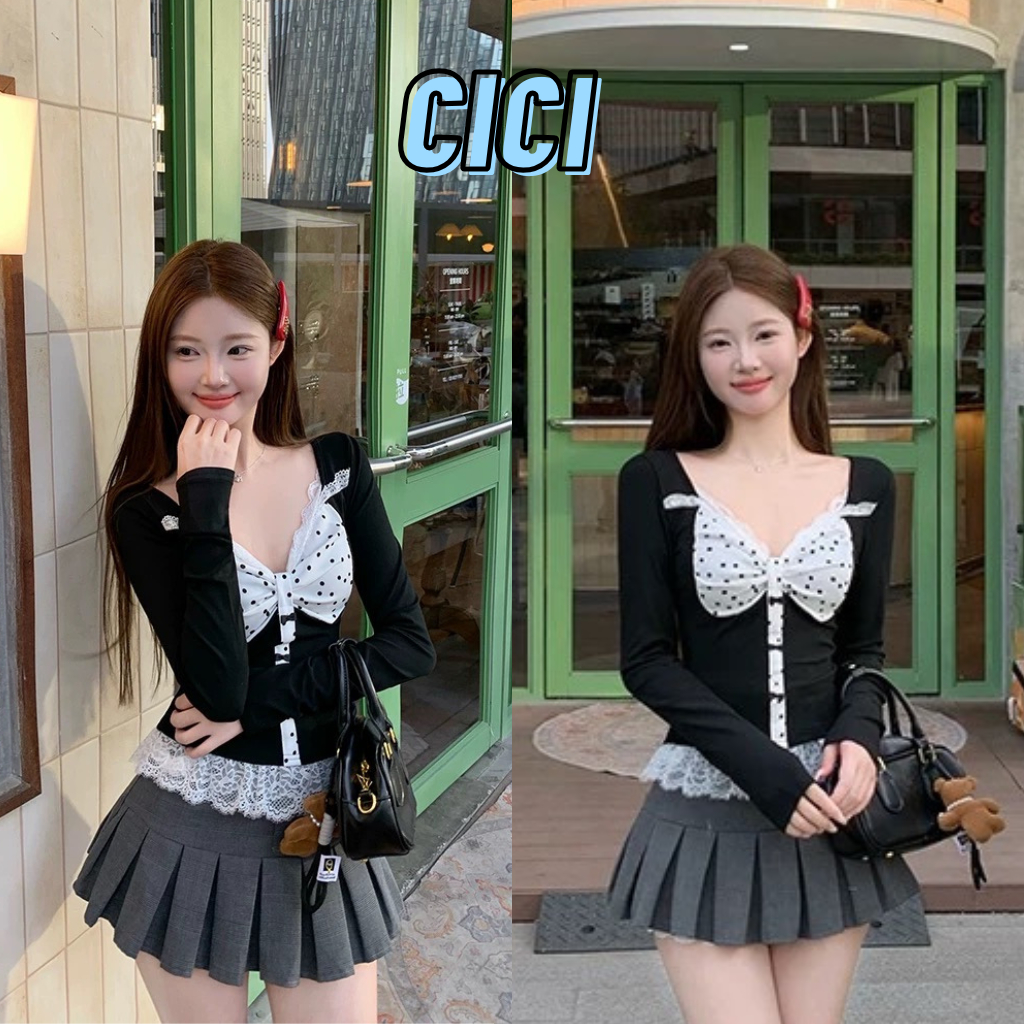 Cici(NO.J1605) เสื้อแขนยาวผ้าเรยอน แต่งโบว์ด้านหน้าปลายลูกไม้น่ารักโซคิ้วท์ | Shopee Thailand