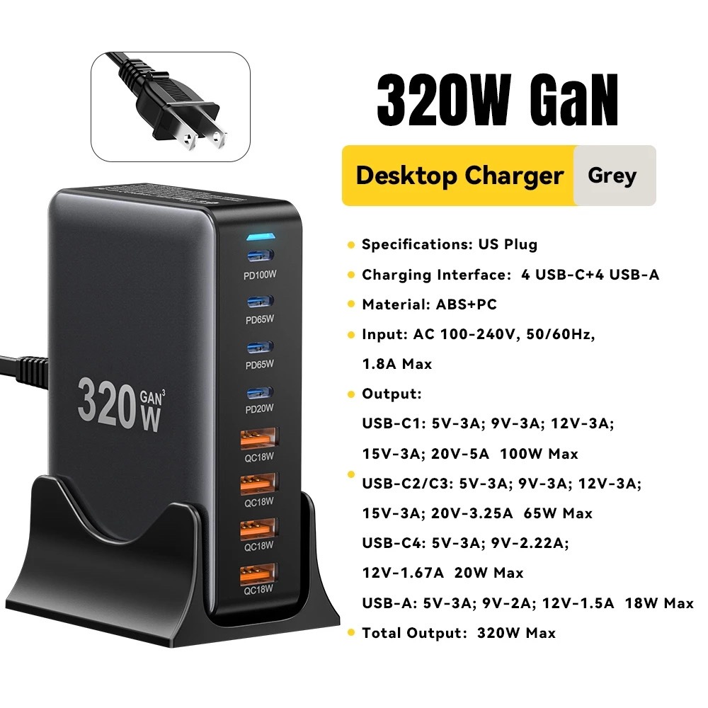 ESSAGER Quick Charge 320W สมาร์ท USB+Type-c 8Port Fast Charging Station โทรศัพท์มือถือ USB ...