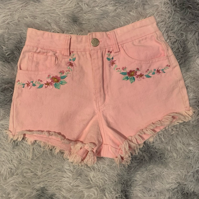 กางเกงยีนส์สีชมพูขาสั้นงานปัก Infinity size M (ของจริงสวยใหม่มาก ...