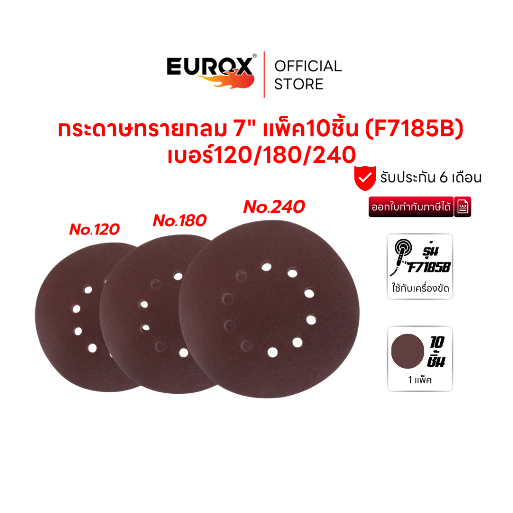EUROX กระดาษทรายกลมเบอร์ 7 นิ้ว 3 ขนาด เบอร์ 120/180/240 แพ็ค 10 ชิ้น (สำหรับเครื่องขัดผนังรุ่น ...