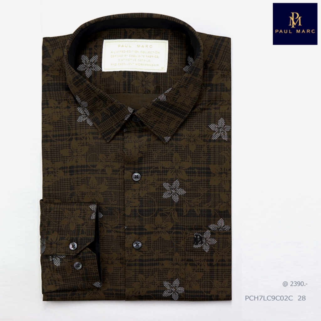 PAUL MARC เสื้อเชิ้ตแขนยาว ลายพิมพ์พฤกษา สีน้ำตาล slim fit ผ้านุ่ม รีด ...