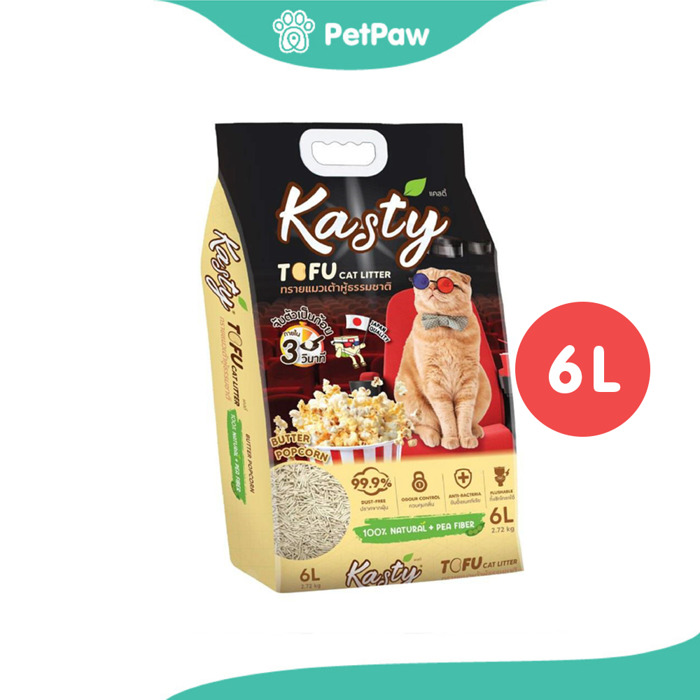 [ ️เข้าร่วม E-TAX] Kasty Tofu Litter ทรายแมวเต้าหู้ สูตร Butter Popcorn ขนาด 6L (2.72 Kg.)(6L ...