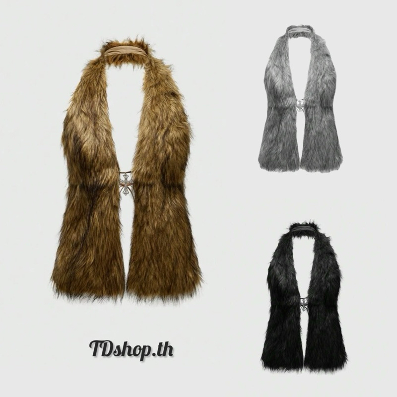 PRE-ORDER 7-10 วัน ROMWE Grunge Punk เสื้อกั๊ก คลุม ขนสัตว์แบบวินเทจ แต่งจี้ เสื้อคลุมขนสัตว์ ...