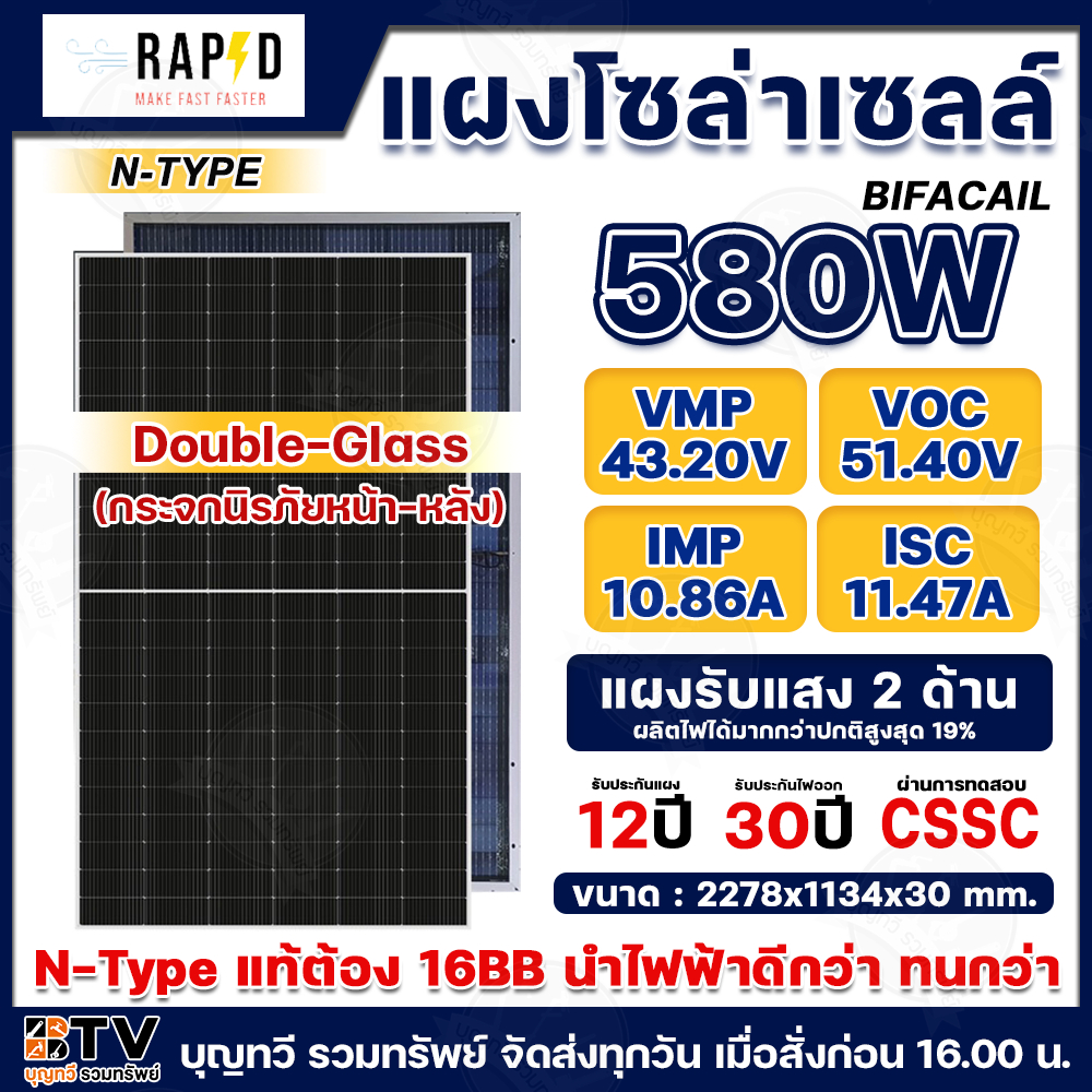 RAPD แผงโซล่าเซลล์ MONO 450w - 550W Half Cell **หลังใส** มีรับประกันไฟ ...