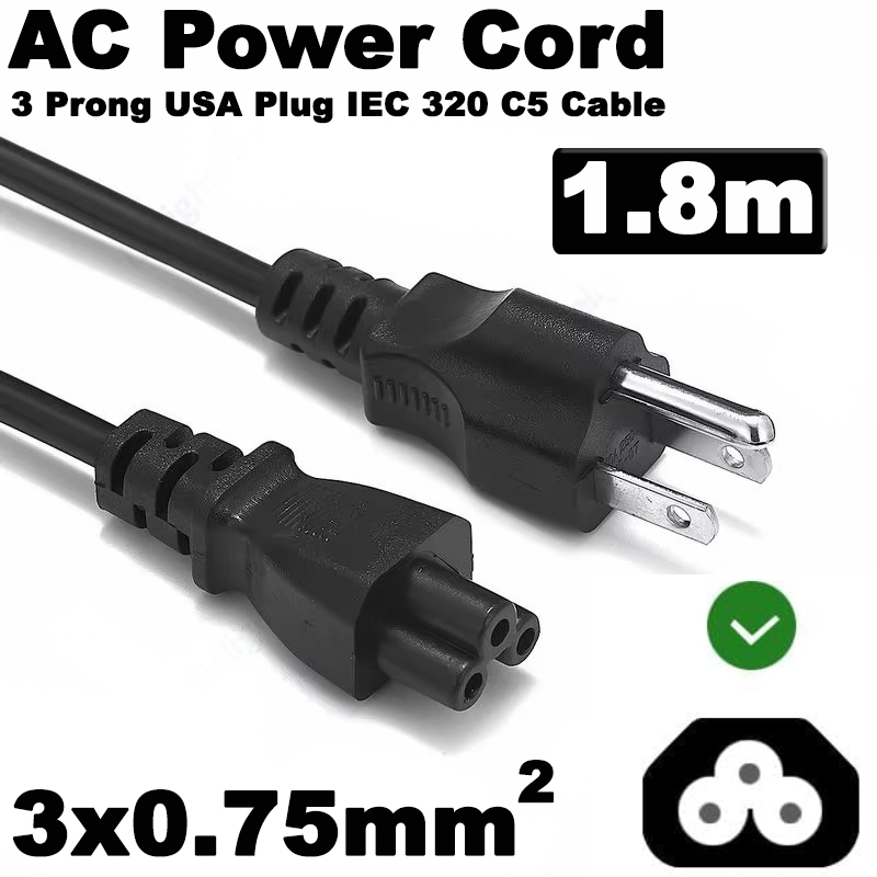 AC Power Cord 1.8m 3 Prong USA Plug IEC 320 C5 Cable For Notebook HP Dell LG Laptop PC Computer ...