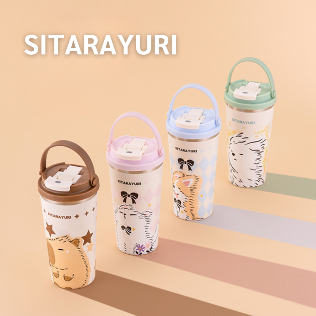 SITARAYURI แก้วกาแฟ ลายน่ารักรอบตัวแก้ว เก็บได้ ร้อน & เย็น ขนาด 560ml เกรดสแตนเลส 304 หูหิ้ว ...