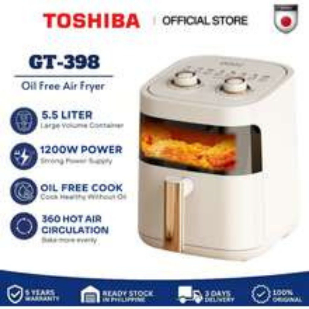 TOSHIBA AIR FRYER GT-398 ควบคุมอุณหภูมิของหม้อทอดไร้น้ำมัน อบสม่ำเสมอที่ 360 องศา รับประกัน 5 ปี ...