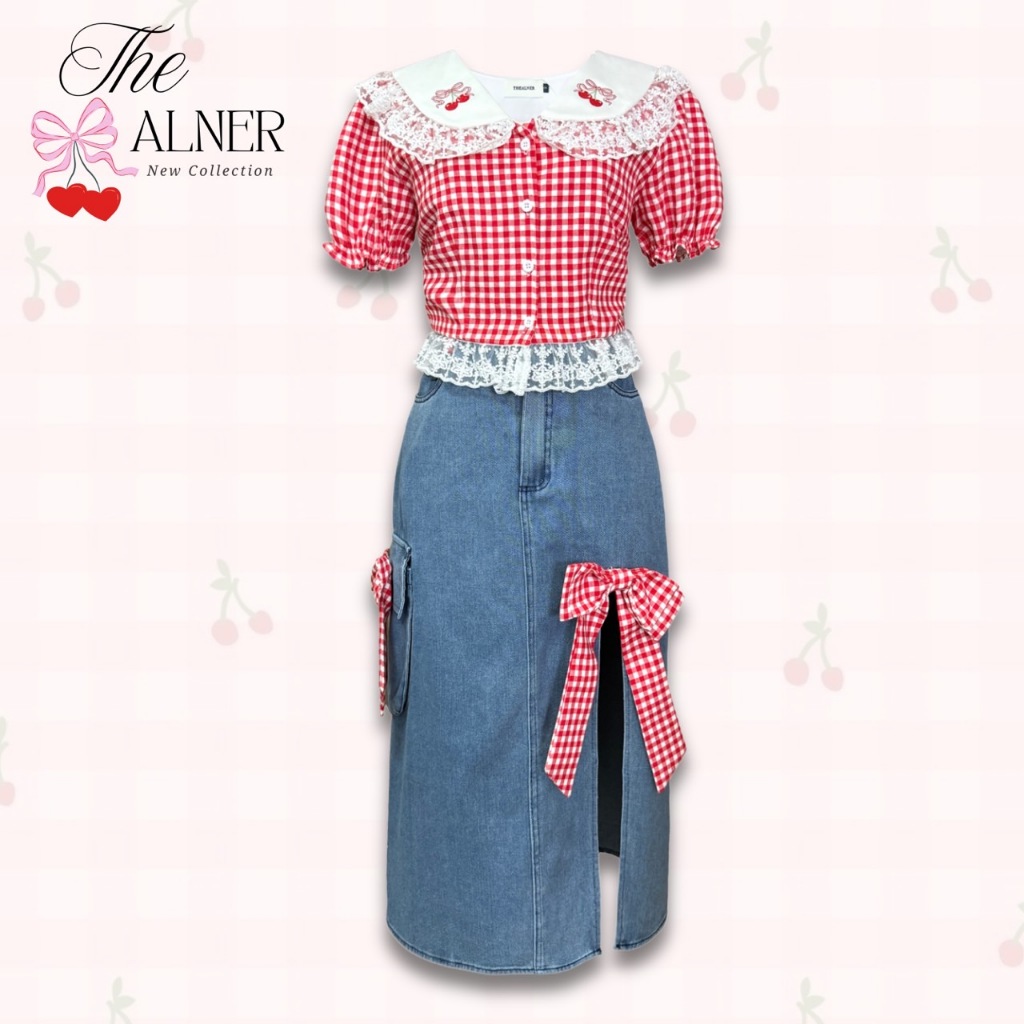 The alner- AN885 เซตเสื้อแดงลายสก็อตแดงคอปกขาวแขนตุ๊กตา+กระโปรงยีนส์ ...