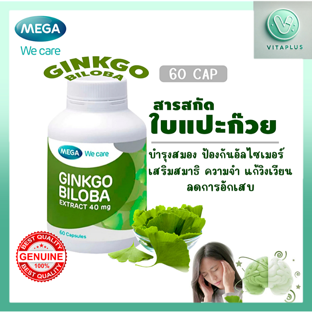 MEGA Ginkgo Biloba extract 40mg สารสกัดจากใบแปะก๊วย 60แคปซูล | Shopee ...