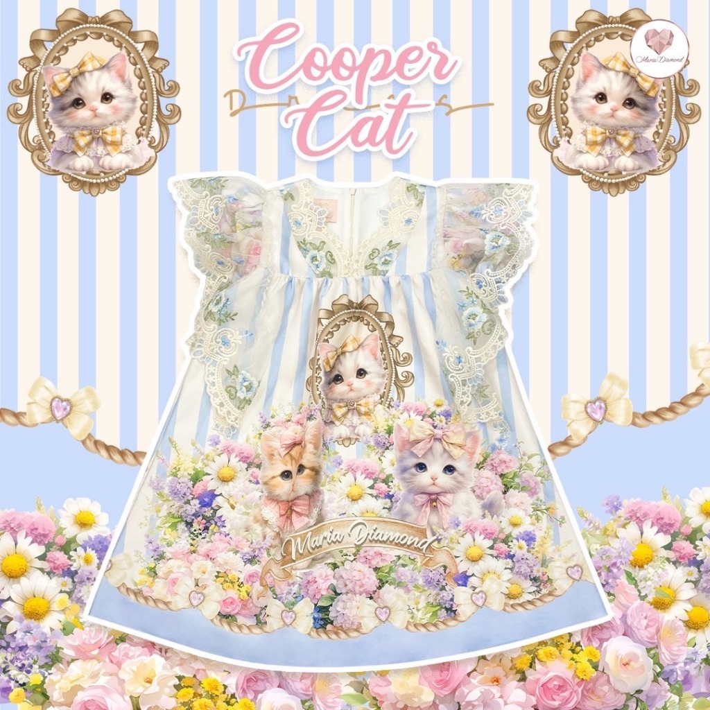 Cooper Cat Dress เดรสทรงปล่อยผ้าไหมเกาหลีพิมพ์ลาย แต่งแขนระบายงานปัก ...