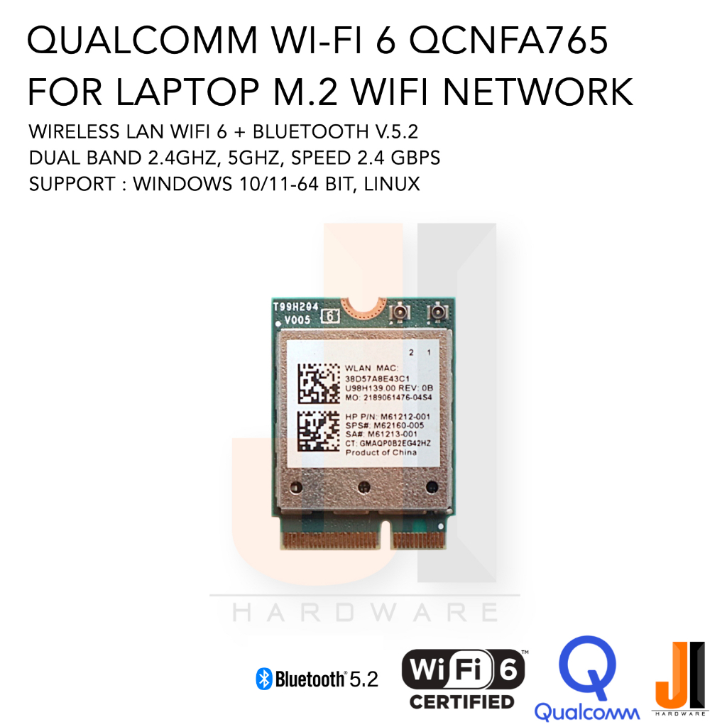 Qualcomm Wi-Fi 6 QCNFA765 M.2 for notebook wireless lan + bluetooth v.5.2 dual band 2.4 Gbps ...