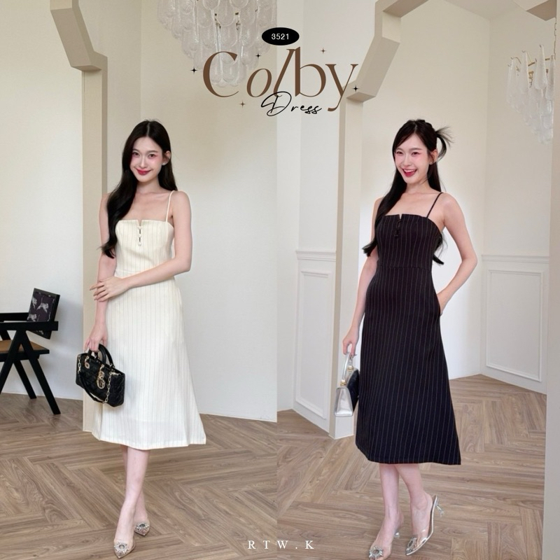 ‍Colby Dress- เดรสสายเดี่ยว สายปรับได้ มีกระเป๋าข้าง เนื้อผ้าลายทางเล็ก ...