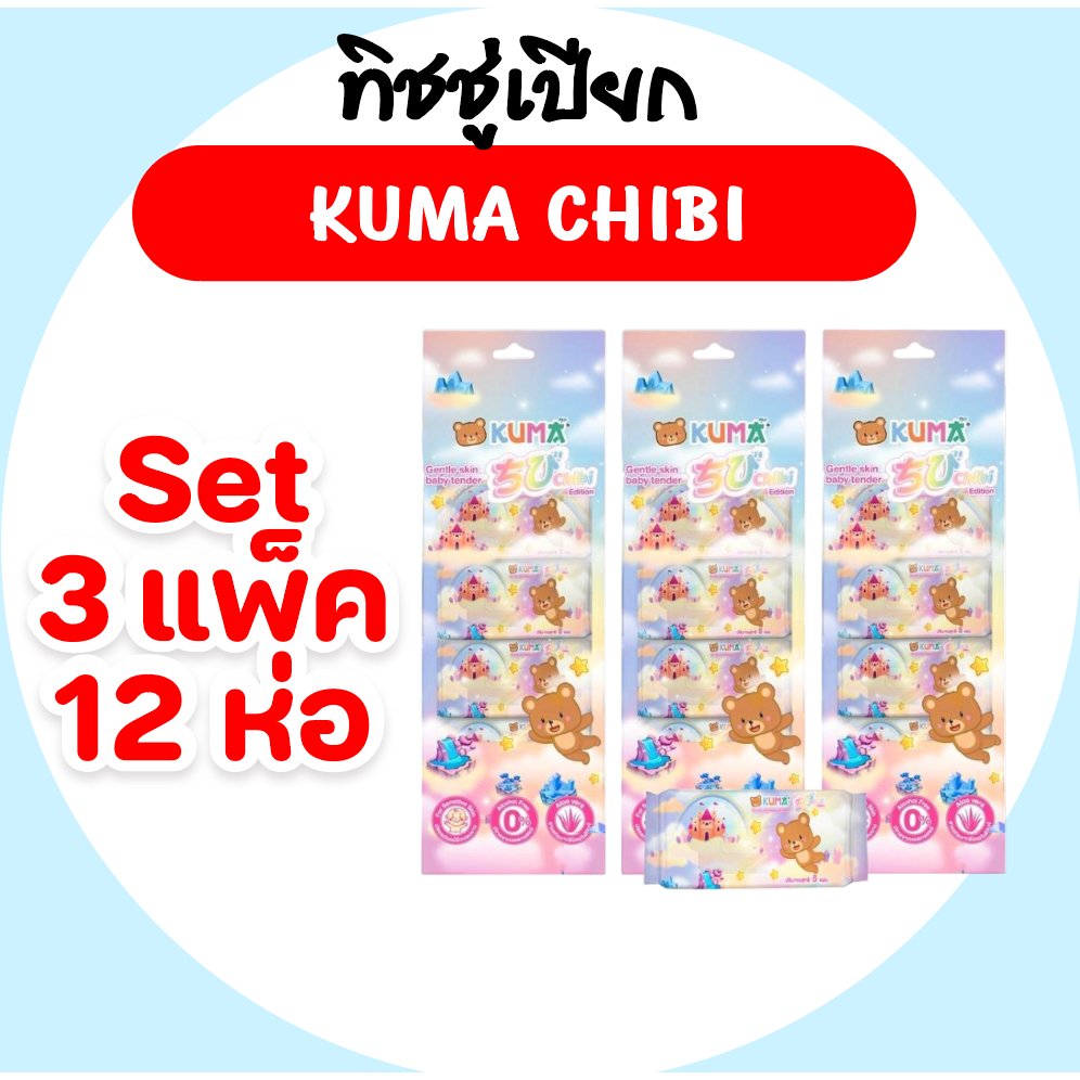Kuma Chibi คุมะ ชิบิ ห่อ8 แผ่น เซท 3แพ็ค 12ห่อ กระดาษทิชชู่เปียกพกพา ...