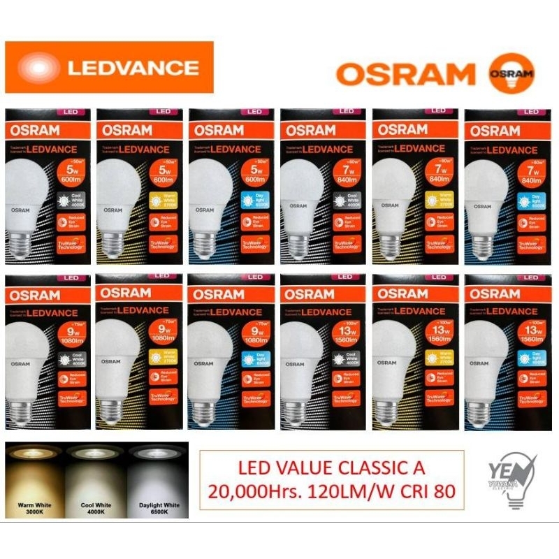 OSRAM หลอดไฟ LED VALUE CLASSIC A 5W/7W/9W/13W/15W แสงขาว/แสงคูลไวท์/แสงเหลือง ขั้วE27 20,000 ชม. ...