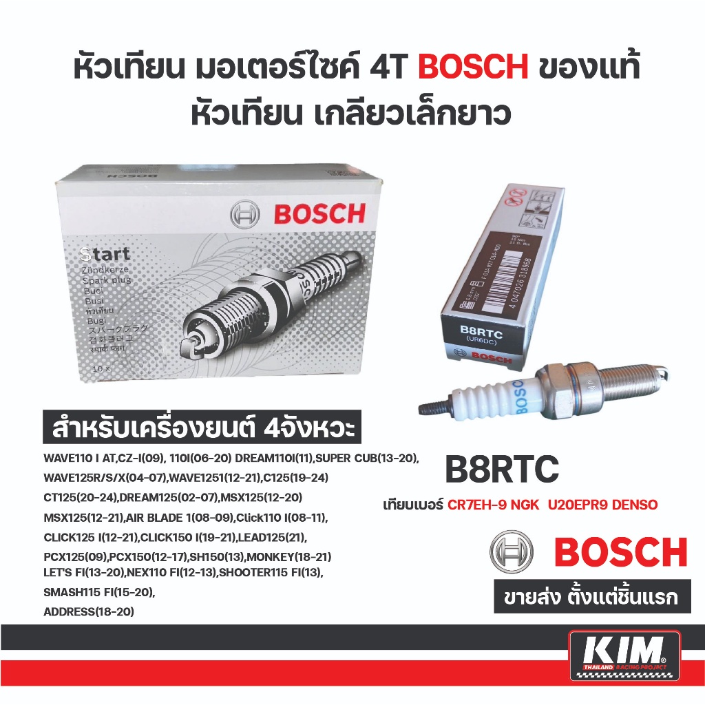 หัวเทียนเกลียวเล็กยาว BOSCH B8RTC 4จังหวะ HONDA CLICK-I , CLICK125 ...