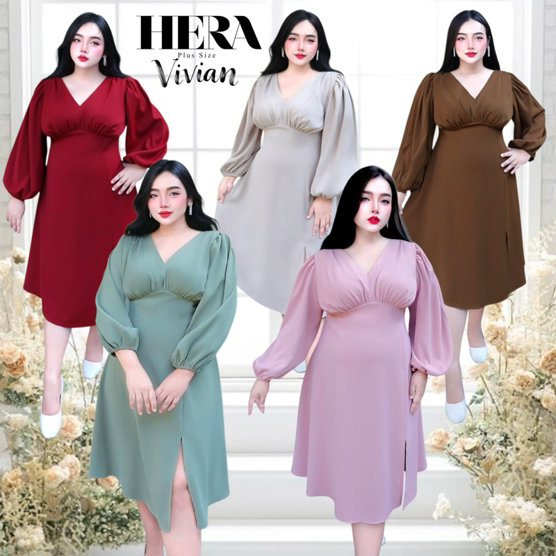Hera Plus Size รุ่น Vivienne เดรสพลัสไซส์ออกงาน คอวี อกจีบ แขนพองตุ๊กตายาว ผ่าหน้า อก40-54นิ้ว ...