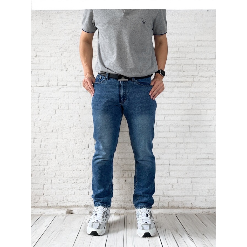 MEDIA JEANS กางเกงยีนส์ผู้ชาย ทรงกระบอก Basic ผ้าไม่ยืด กระเป๋าโค้ง สีน้ำเงินเข้ม (SN:M801/2 ...