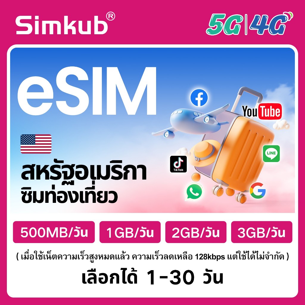 eSIM USA ซิมสหรัฐอเมริกา ซิมท่องเที่ยวสหรัฐอเมริกา 5G/4G อินเทอร์เน็ต 500MB-3GB/วัน เลือกได้ 1 ...