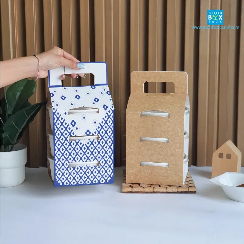 Goodboxpack ที่หิ้วปิ่นโต กระดาษคราฟท์ พิมพ์ลายคราม (ใช้คู่กับถ้วย750มล3ชั้น) แพ็คละ 20 ใบ ...