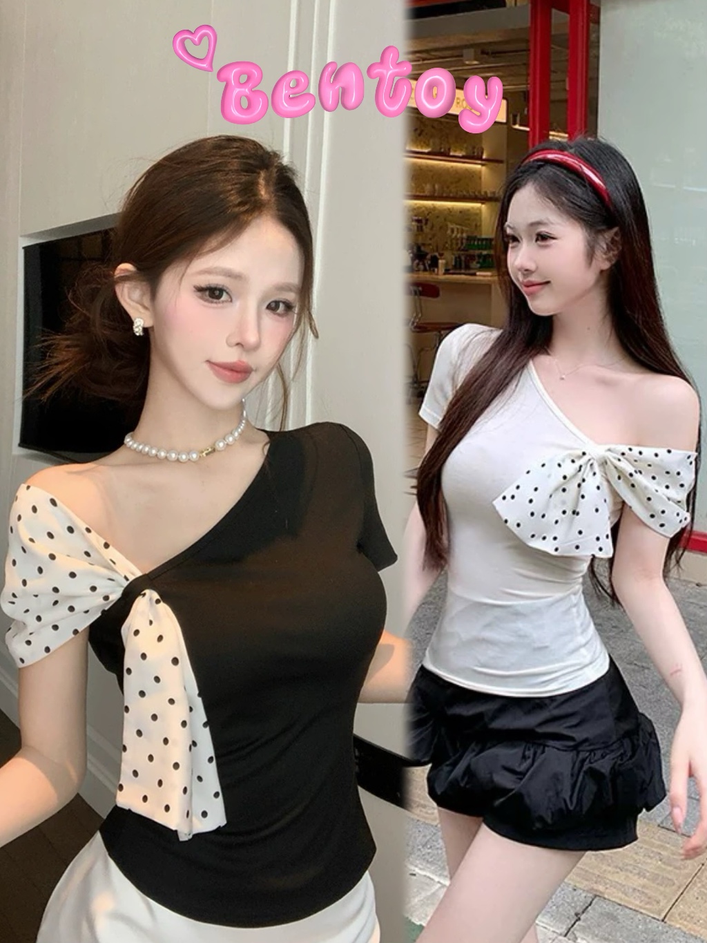 Bentoy(Q958)เสื้อยืดแขนสั้น ดีเทลแต่งไหล่ชีฟองลายจุด น่ารัก ผ้านิ่มใสสบาย แมทง่าย | Shopee Thailand