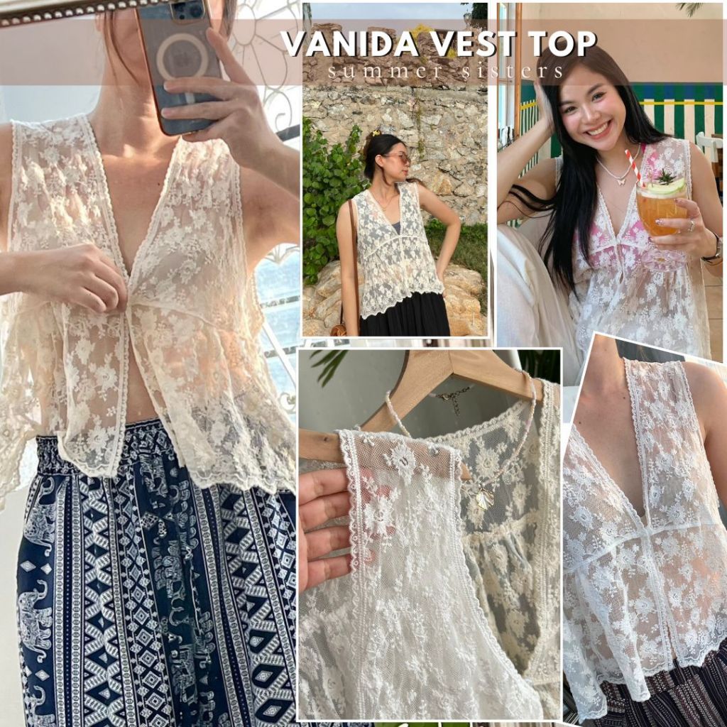 Vanida Vest top - เสื้อแขนกุดลูกไม้ ซีทรู หวานซ่อนเปรี้ยว กระดุม 1 เม็ดกลางอก | Shopee Thailand