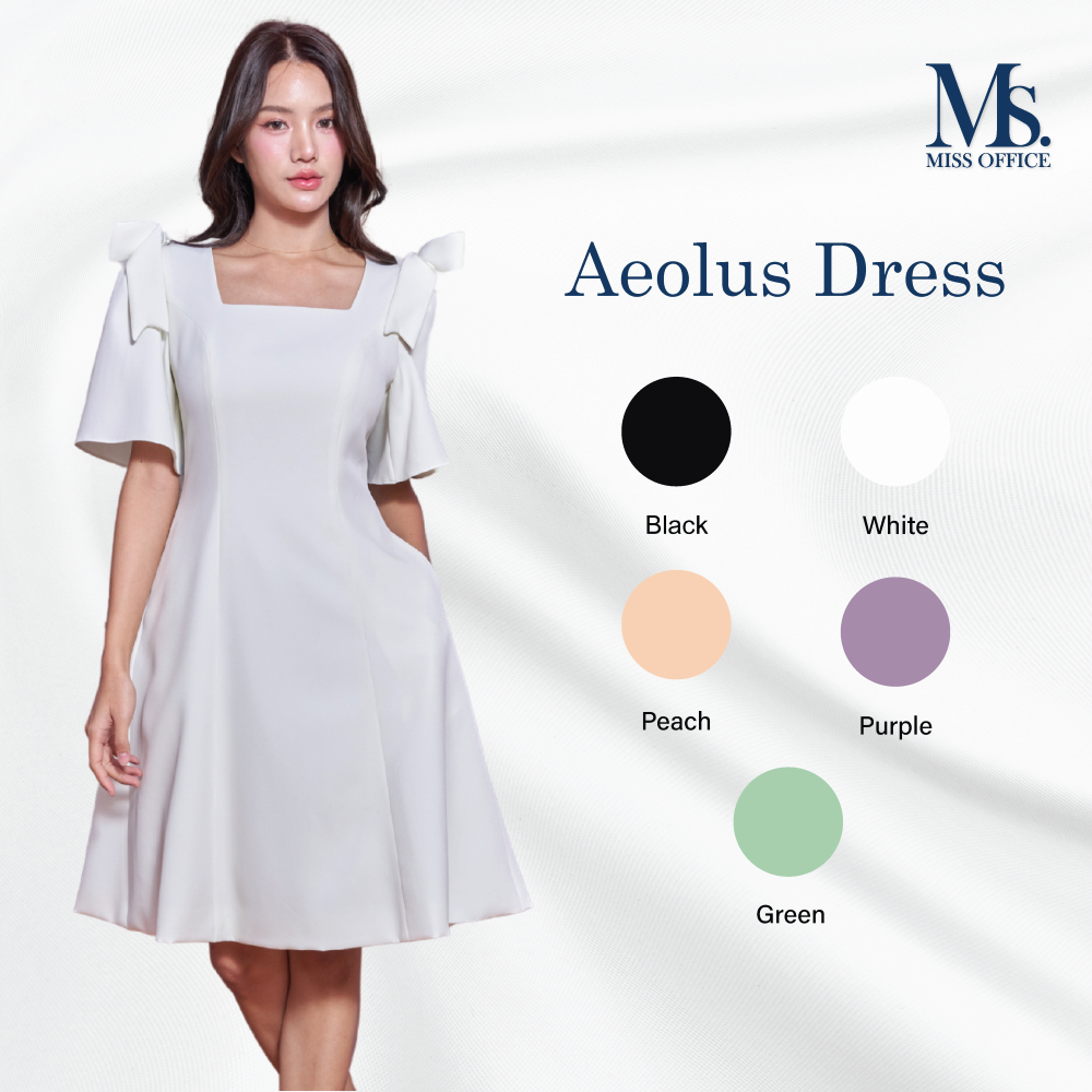 Miss office เดรสคอเหลี่ยมแขนระบายแต่งโบว์ (MD-107) | Shopee Thailand
