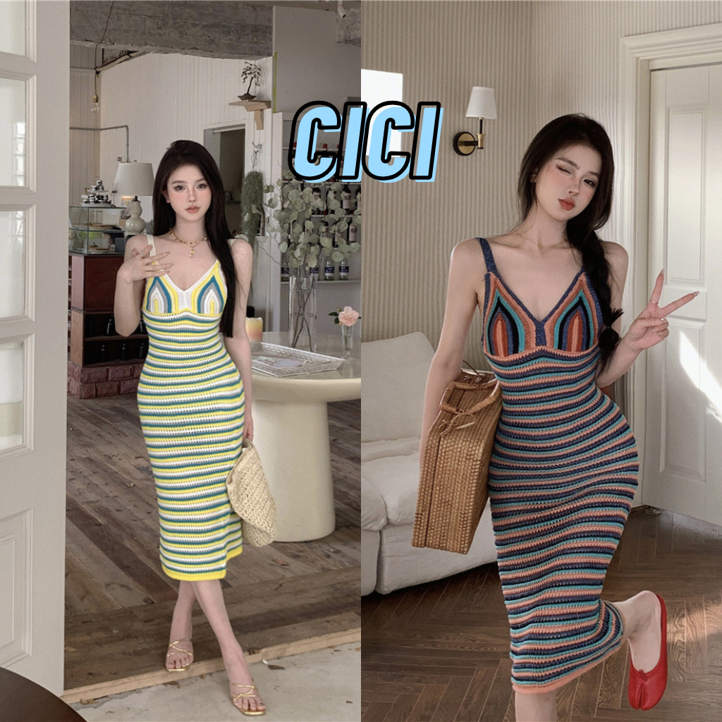 Cici(NO. T2219)เดรสยาวสายเดี่ยว ลายทาง ผ้าไหมพรมถัก โชว์หลัง ใส่แล้วเข้ารูปดูดีมาก | Shopee Thailand